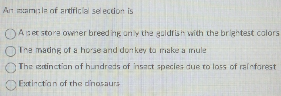 Solved: An example of artificial selection is A pet store owner ...