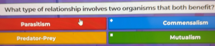 Solved: What type of relationship involves two organisms that both ...