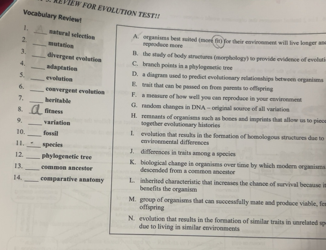 Solved: REVIEW FOR EVOLUTION TEST! ! Vocabulary Review! 1. _natural ...