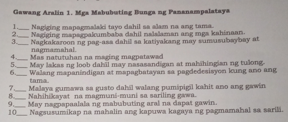 Solved: Gawang Aralin 1. Mga Mabubuting Bunga ng Pananampalataya 1 ...