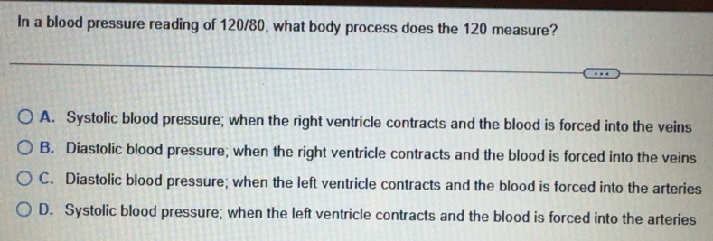Solved: In a blood pressure reading of 120/80, what body process does ...