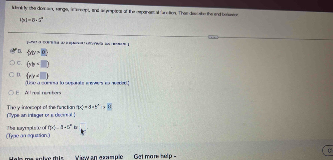 Solved: Identify the domain, range, intercept, and asymptote of the ...