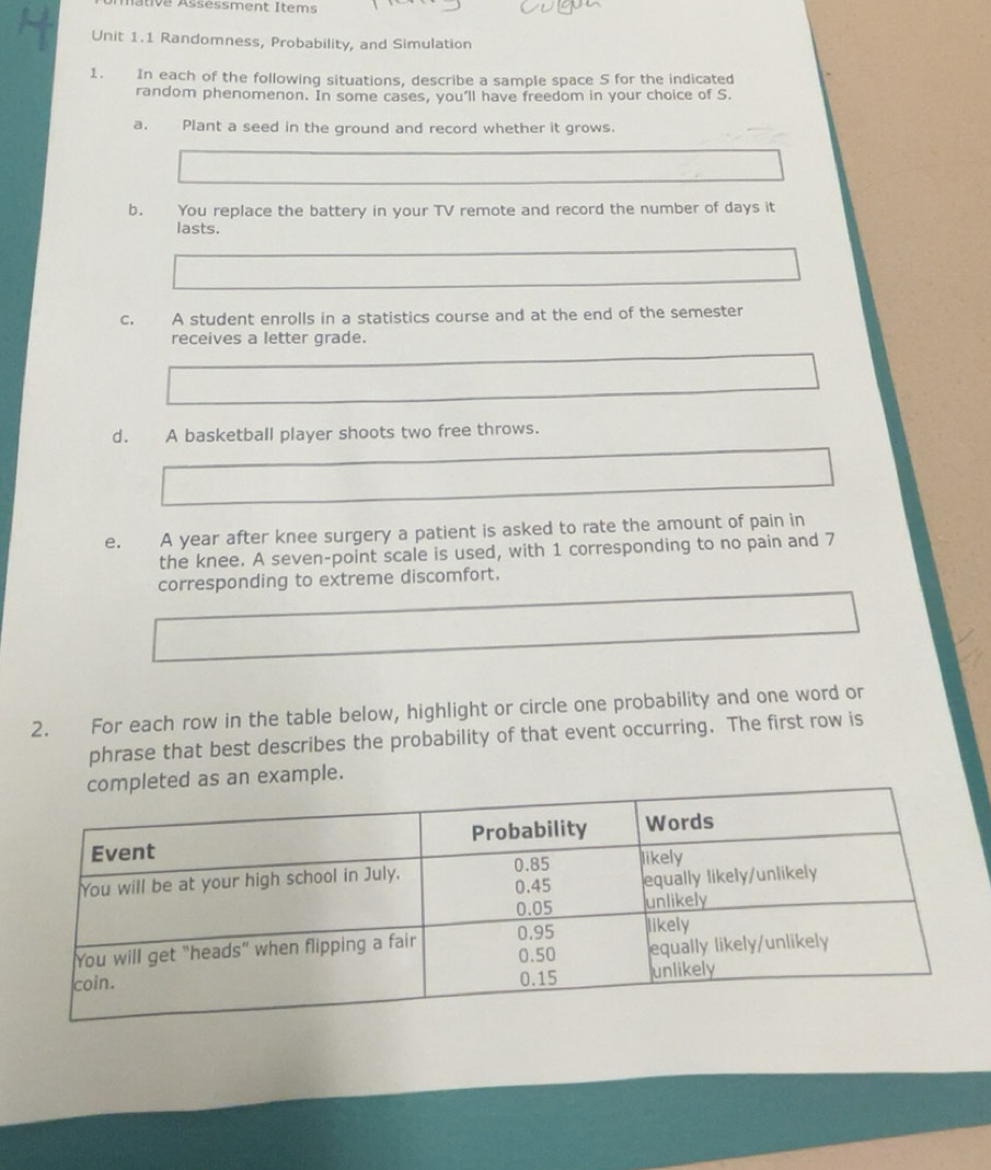 Solved: Ativ e Assessment Items Unit 1.1 Randomness, Probability, and ...
