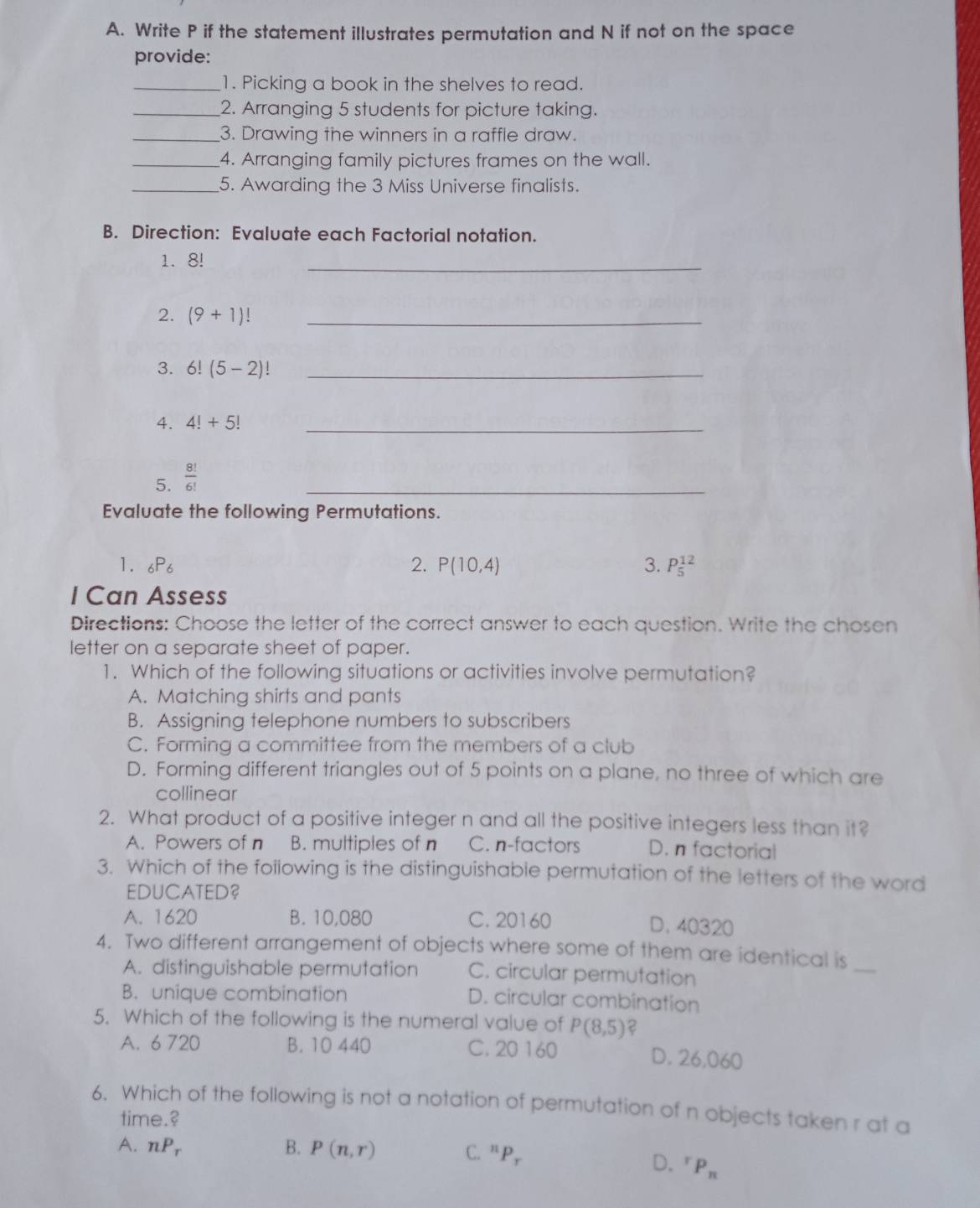 Solved: Write P if the statement illustrates permutation and N if not ...