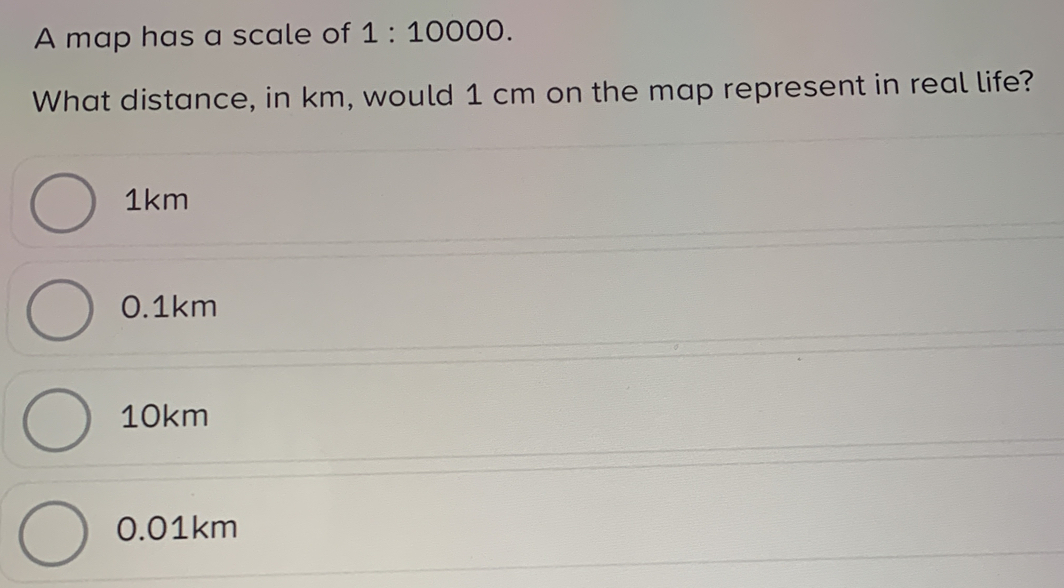 Solved: A map has a scale of 1:10000. What distance, in km, would 1 cm ...