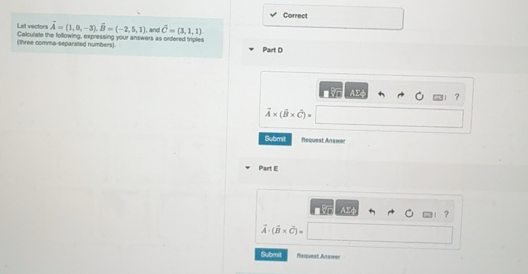 Solved: Correct Let vectors vector A=(1,0,-3), vector B=(-2,5,1) , and ...