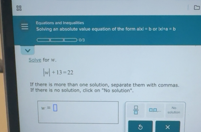Solved: Equations and Inequalities Solving an absolute value equation ...