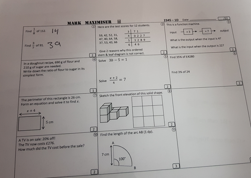 Solved: MARK −MAXIMISER 2345 - 1D Date: /22 ① Here are the test scores ...