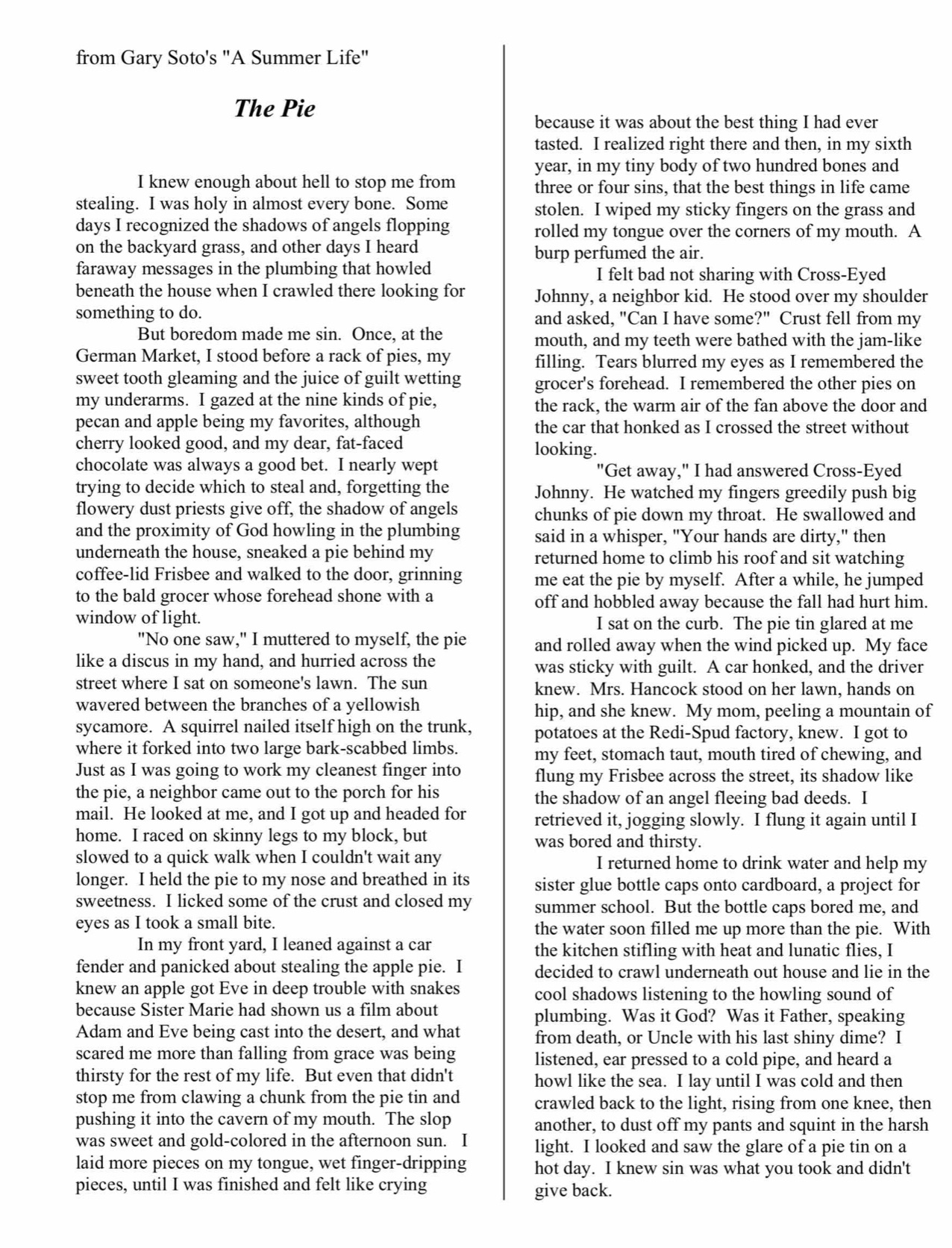 Solved: from Gary Soto's "A Summer Life" The Pie because it was about ...