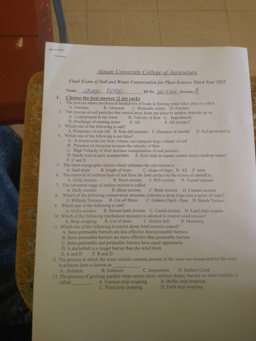 Gelöst:Aksum University College of Agriculture Final Exam of Soil and ...