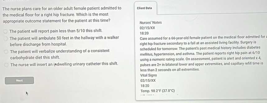 Solved: The nurse plans care for an older adult female patient admitted ...