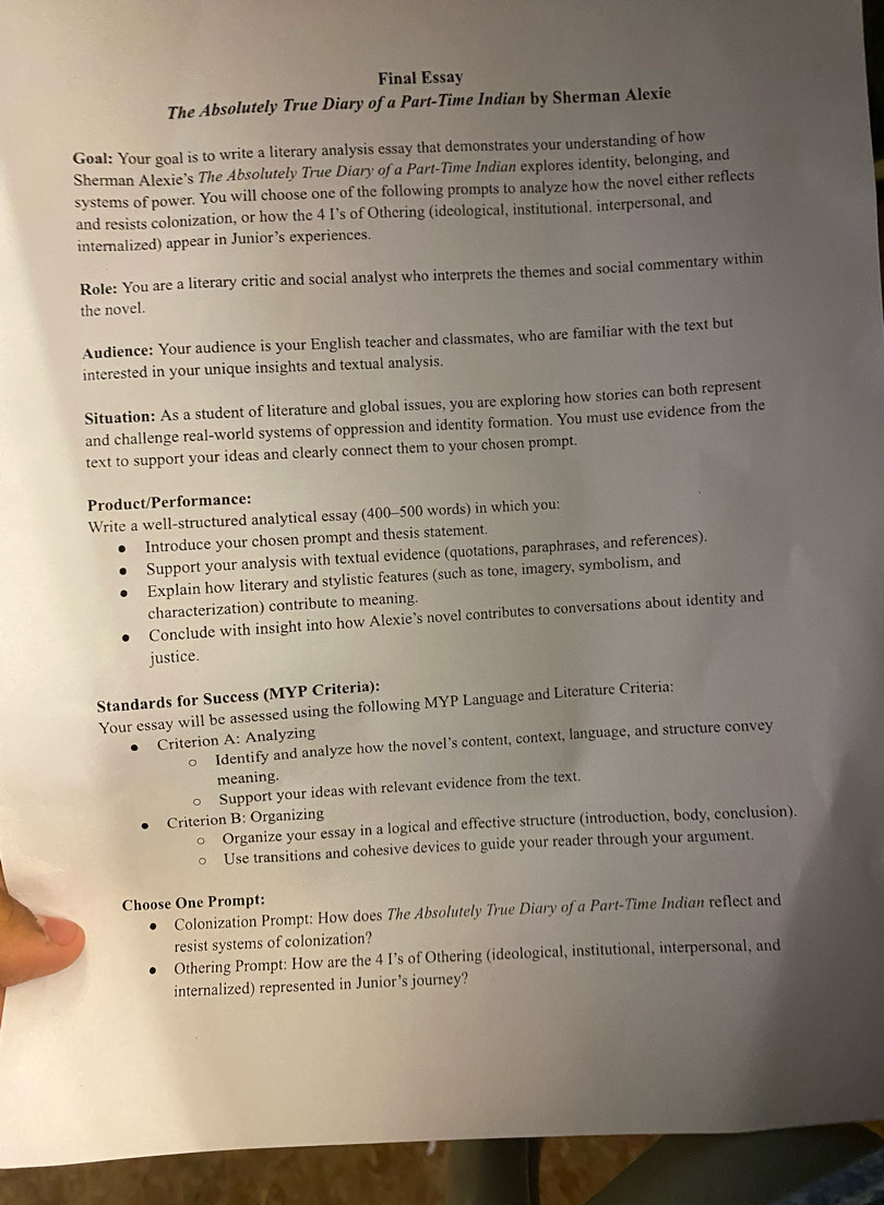 Résolu :Final Essay The Absolutely True Diary of a Part-Time Indian by ...