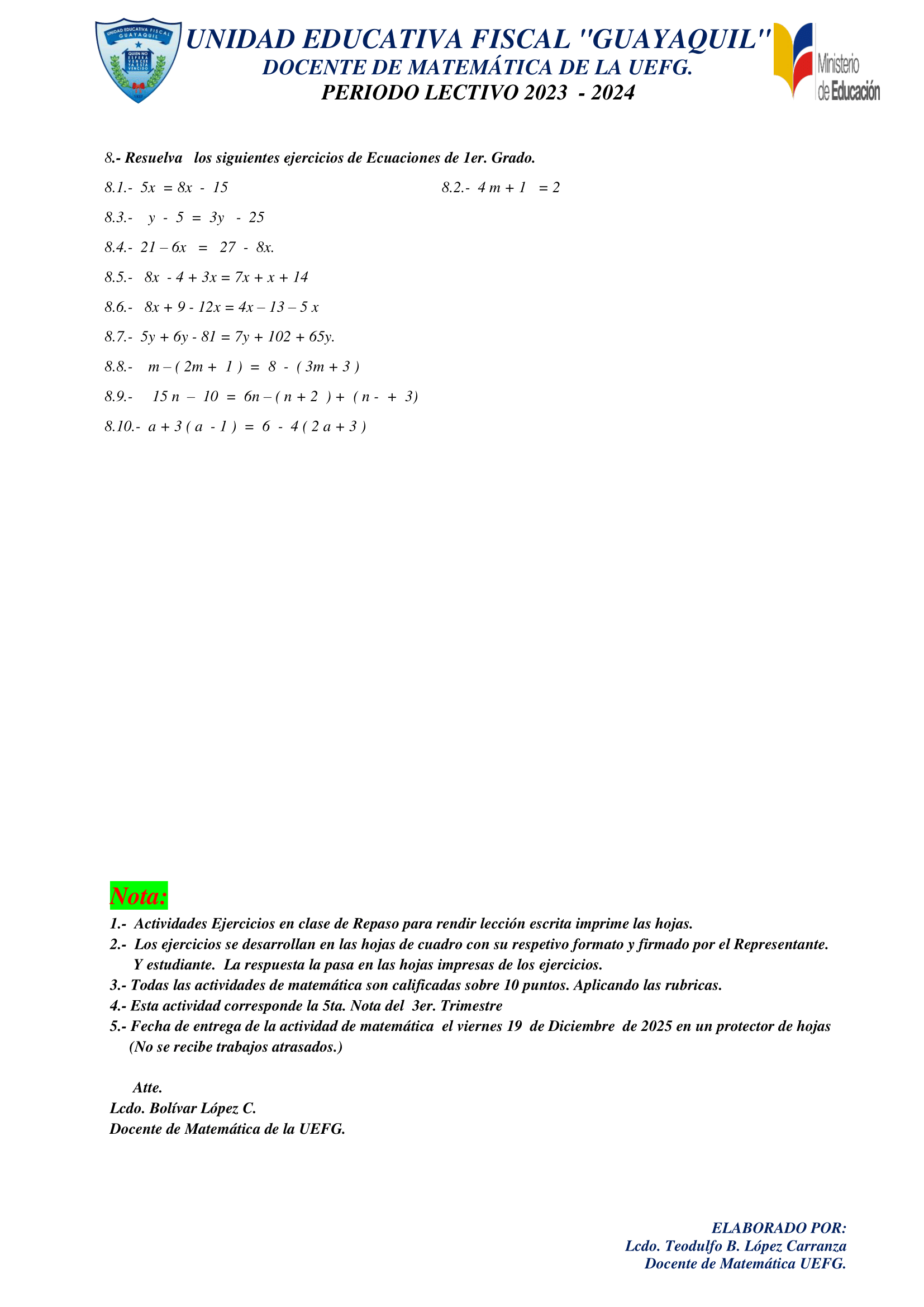 Resuelto:UNIDAD EDUCATIVA FISCAL ''GUAYAQUIL'' DOCENTE DE MATEMÁTICA DE ...