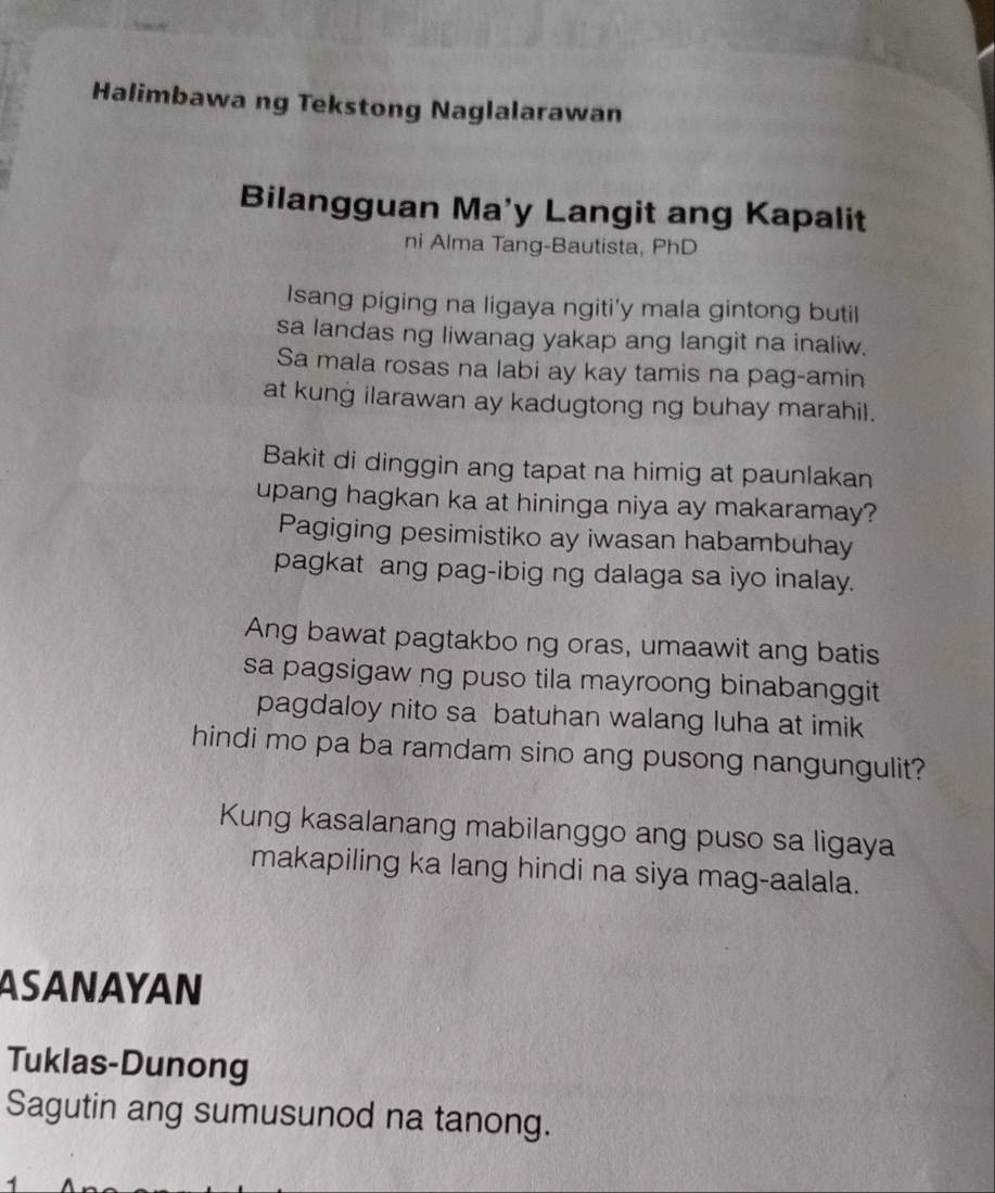 Solved: Halimbawa ng Tekstong Naglalarawan Bilangguan Ma'y Langit ang ...