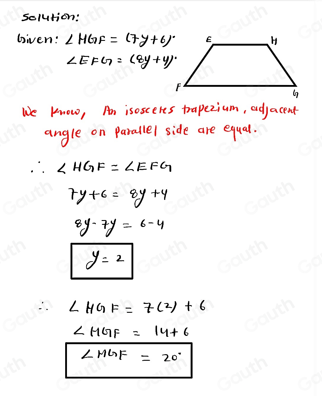 Solved: Quadrilateral EFGH is an isosceles trapezoid with bases EH and ...
