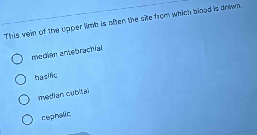 Solved: This vein of the upper limb is often the site from which blood ...
