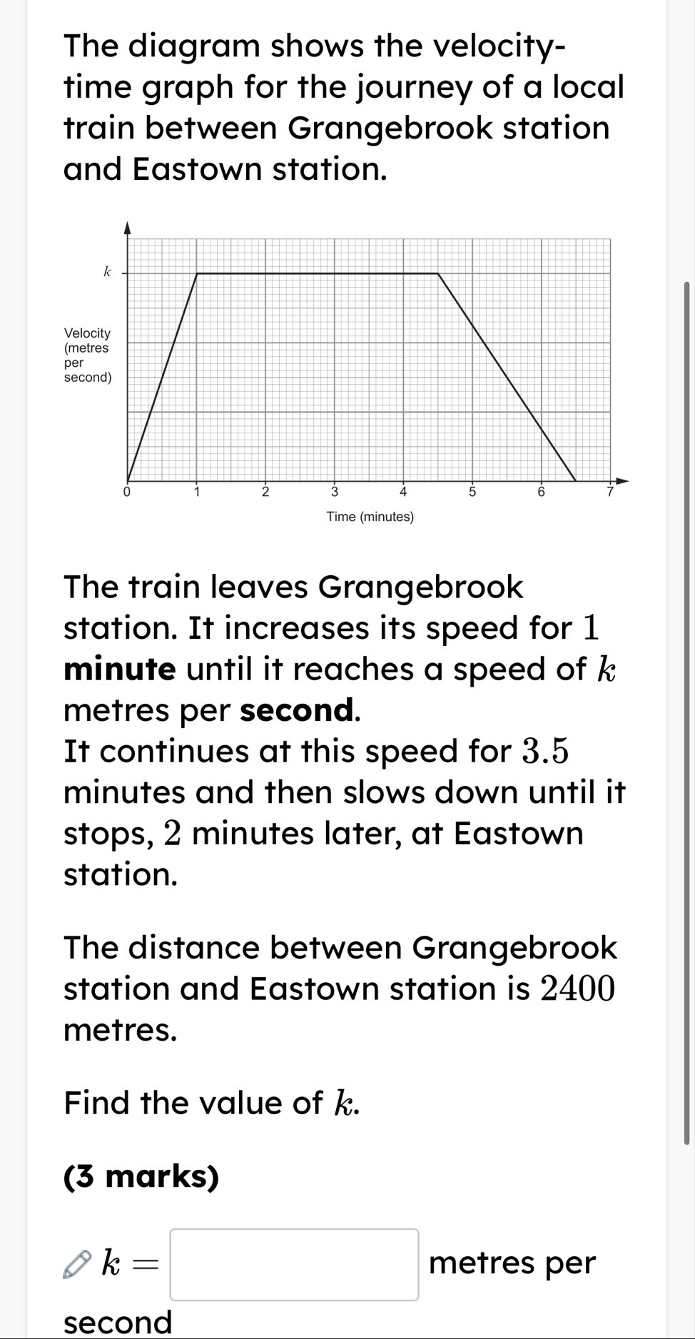 Solved: The diagram shows the velocity- time graph for the journey of a ...