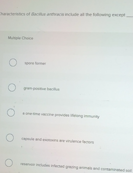 Solved: Characteristics of Bacillus anthracis include all the following ...