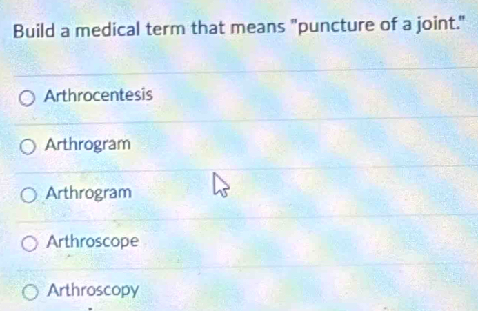 Solved: Build a medical term that means "puncture of a joint ...