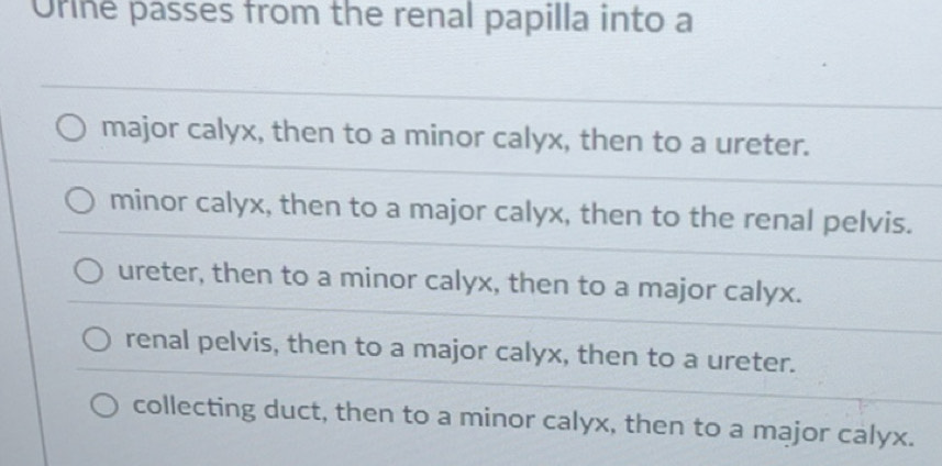 Solved: Orne passes from the renal papilla into a major calyx, then to a minor calyx, then to a ...
