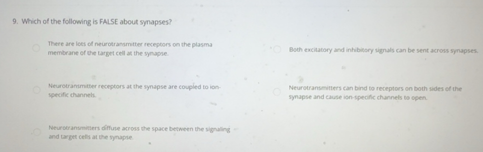 Solved: Which of the following is FALSE about synapses? There are lots ...