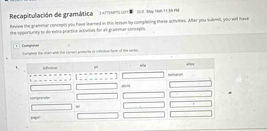 Solved: Recapitulación de gramática 3 ATTEMPTS LEFT DUE May 16th 11:59 ...