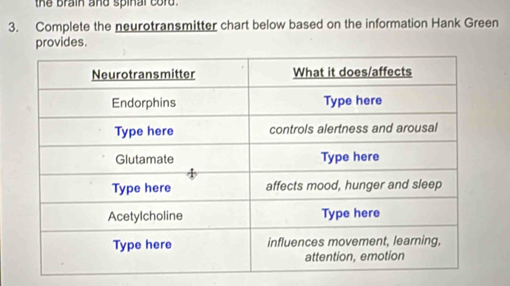 Solved: the brain and spinal cord. 3. Complete the neurotransmitter ...