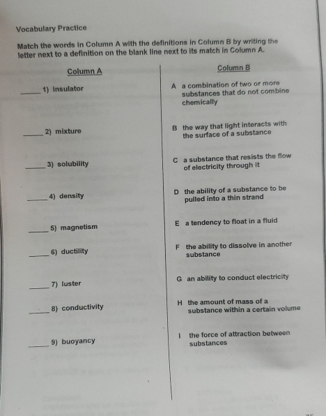 Solved: Vocabulary Practice Match the words in Column A with the ...