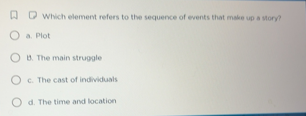 Solved: Which element refers to the sequence of events that make up a story? a. Plot B. The main ...