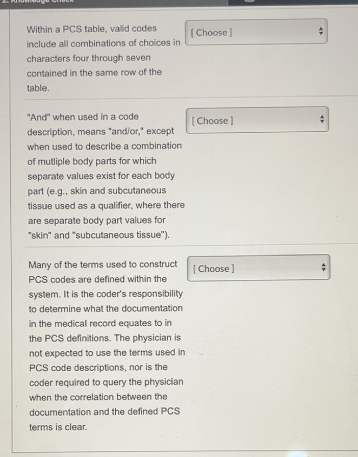 Solved: Within a PCS table, valid codes [ Choose ] include all ...