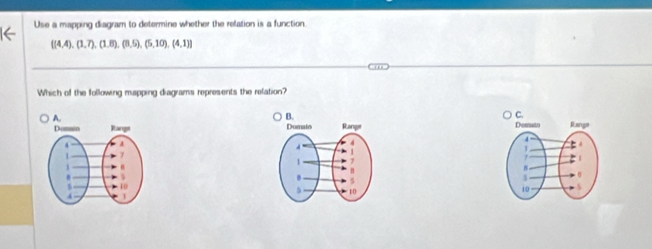 Solved: Use a mapping diagram to determine whether the relation is a ...
