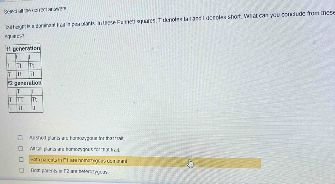 Solved: Select all the correct answers. Tall height is a dominant trait ...