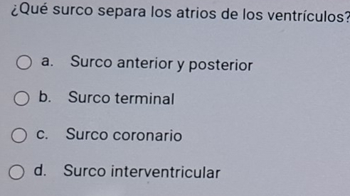 Resuelto:¿Qué surco separa los atrios de los ventrículos? a. Surco ...