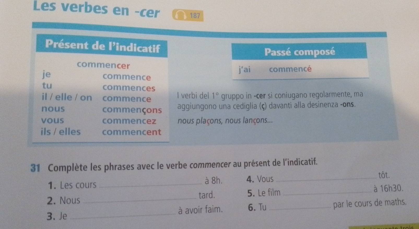 Risolto:Les verbes en -cer 187 Présent de l’indicatif Passé composé ...