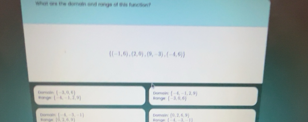 Gelöst:What are the domain and range of this function? (-1,6),(2,0),(9 ...