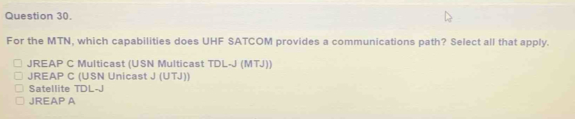 Solved: For the MTN, which capabilities does UHF SATCOM provides a ...
