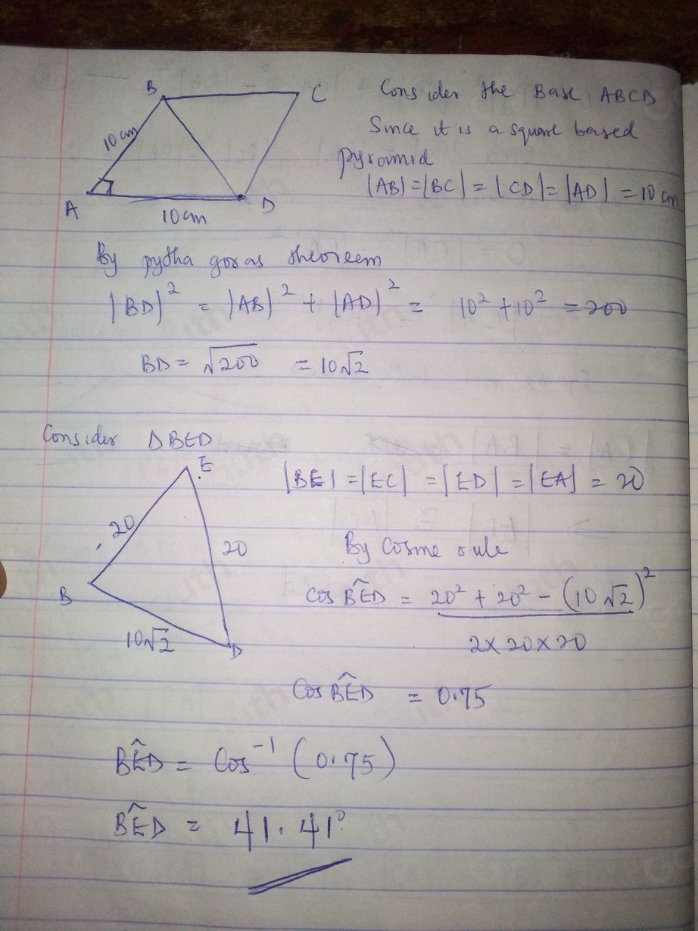 Solved: Shown is a square based pyramid, ABCDE. F is the midpoint of CD. Calculate the size of ...