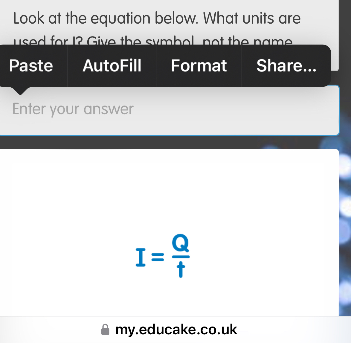 Solved: Look at the equation below. What units are used for I? Give the symbol not the name ...