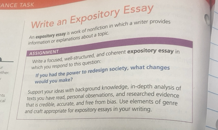 Resuelto:ANCE TASK Write an Expository Essay An expository essay is ...