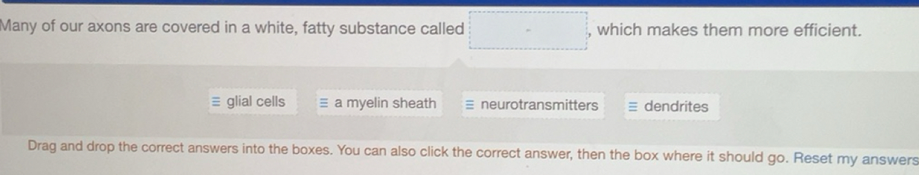 Solved: Many of our axons are covered in a white, fatty substance ...