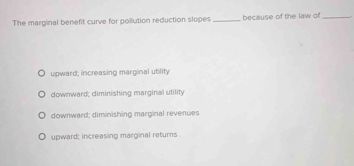 Solved: The marginal benefit curve for pollution reduction slopes ...