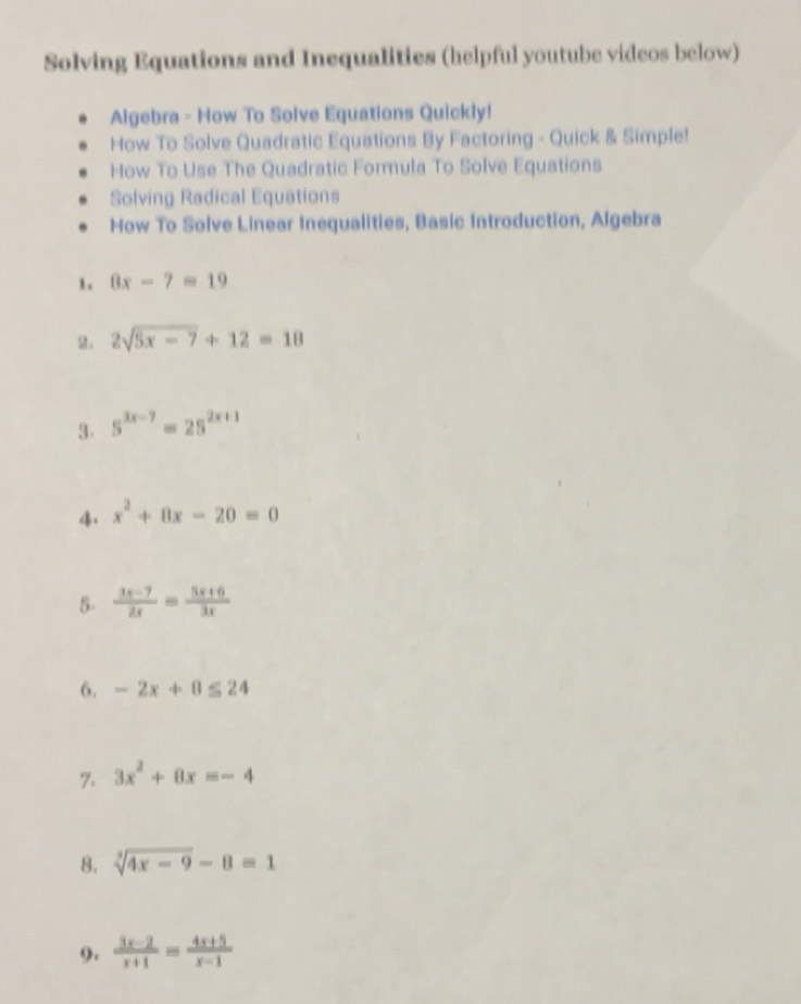 Solved: Solving Equations and Inequalities (helpful youtube videos below) Algebra - How To Solve ...
