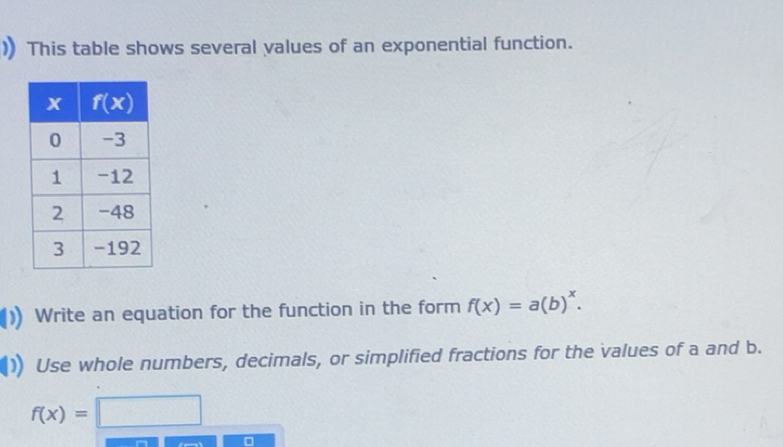 Solved: This table shows several values of an exponential function ...