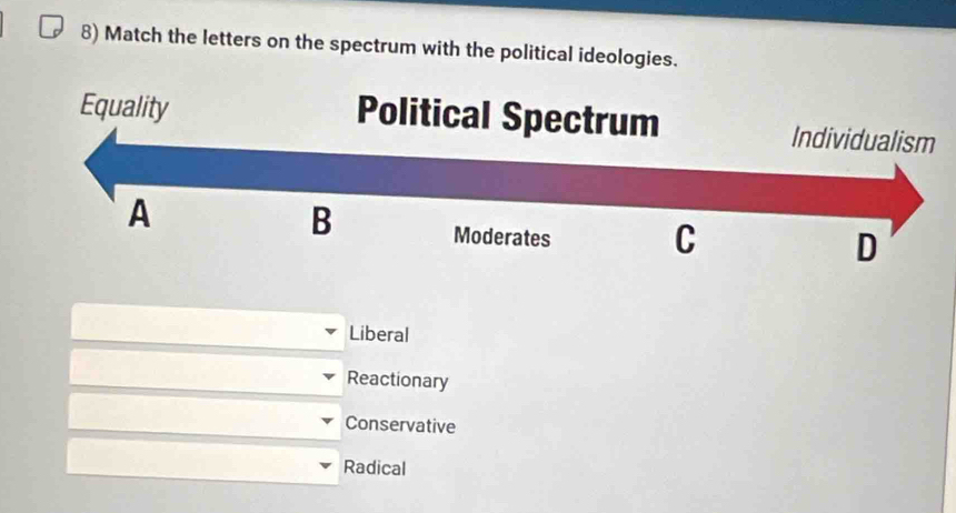 Solved: Match the letters on the spectrum with the political ideologies ...