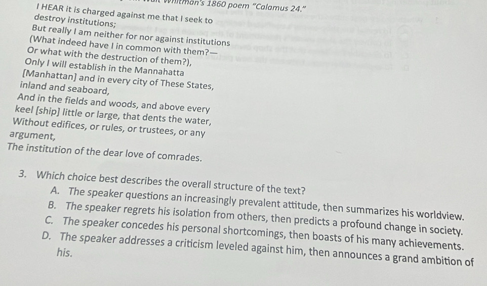 Solved: ut Whitman’s 1860 poem “Calamus 24.” I HEAR it is charged ...