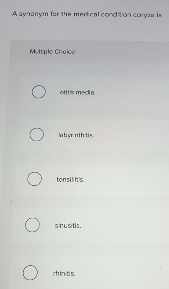 Solved: A synonym for the medical condition coryza is Multiple Choice ...