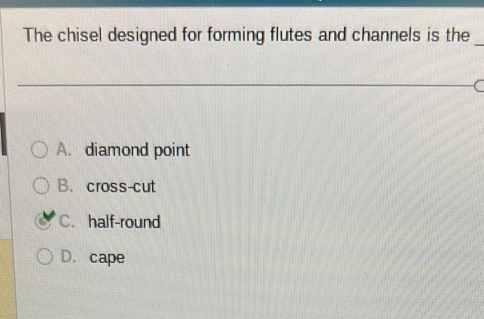 Solved: The chisel designed for forming flutes and channels is the_ A ...