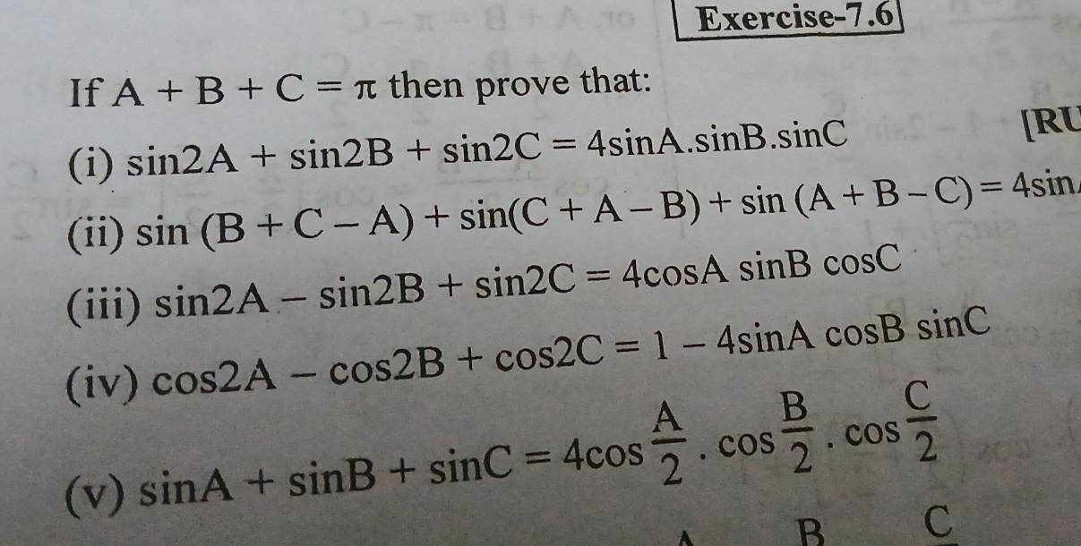 Solved: Exercise-7.6 If A+B+C=π then prove that: (i) sin 2A+sin 2B+sin ...