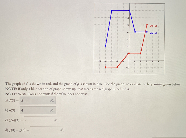 Solved: The graph of f is shown in red, and the graph of g is shown in blue. Use the graphs to ...