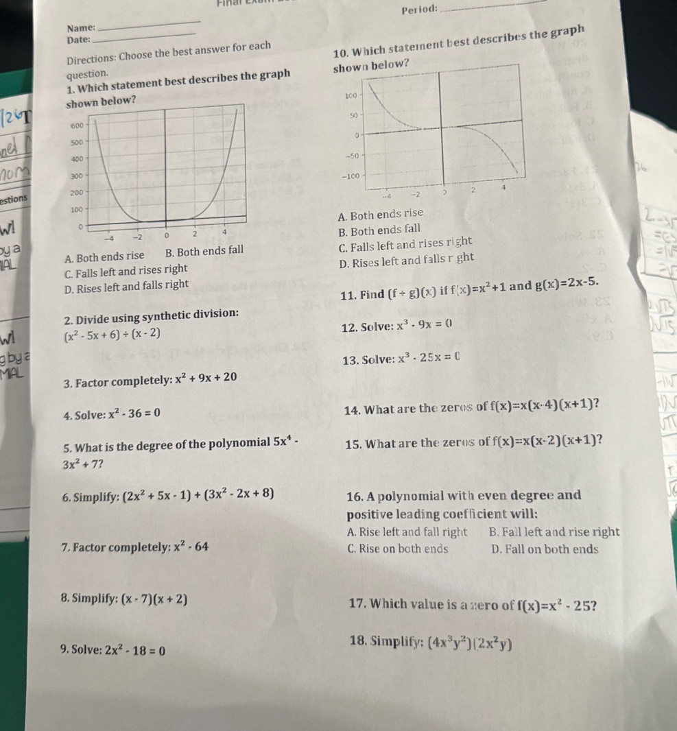 Solved: Period: _ Name: _ Date: question. 10. Which statement best ...